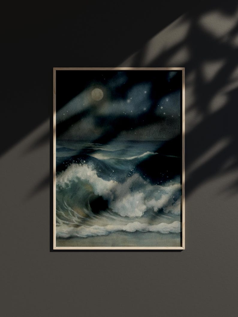 Moonlit Ocean Waves Watercolor - Serene Night Seascape - Etsy