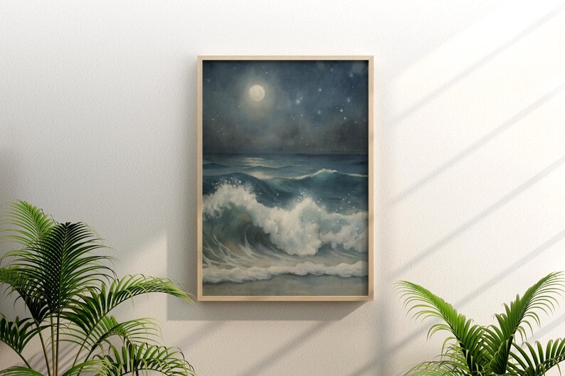 Moonlit Ocean Waves Watercolor - Serene Night Seascape - Etsy