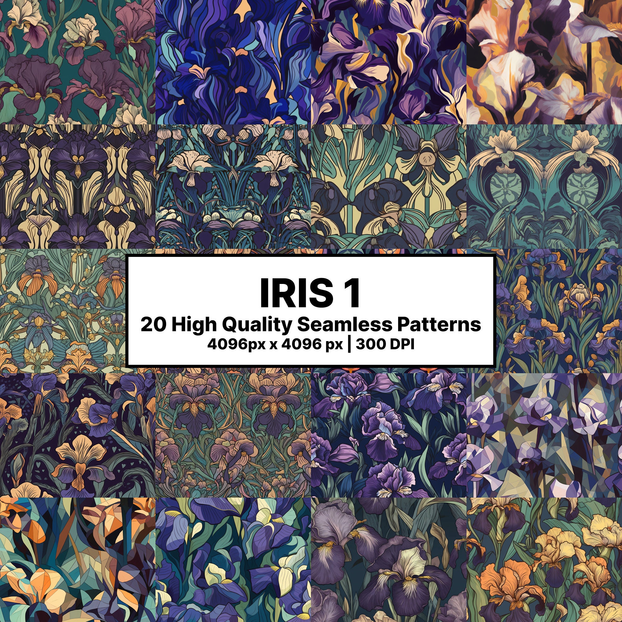 Iris Pack 1, Flowers Digital Paper, Flowers Seamless Pattern, Flowers ...