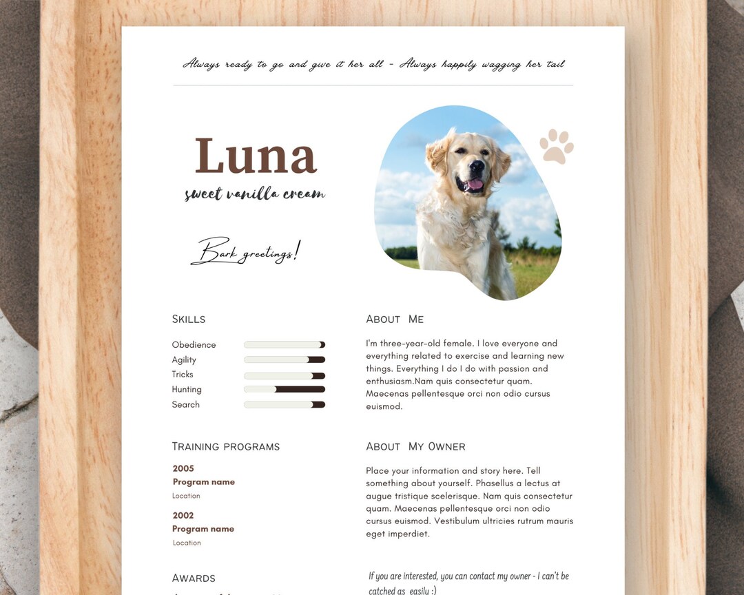 Resume Template With Photo for Dogs, Editable With Canva, Minimalist ...