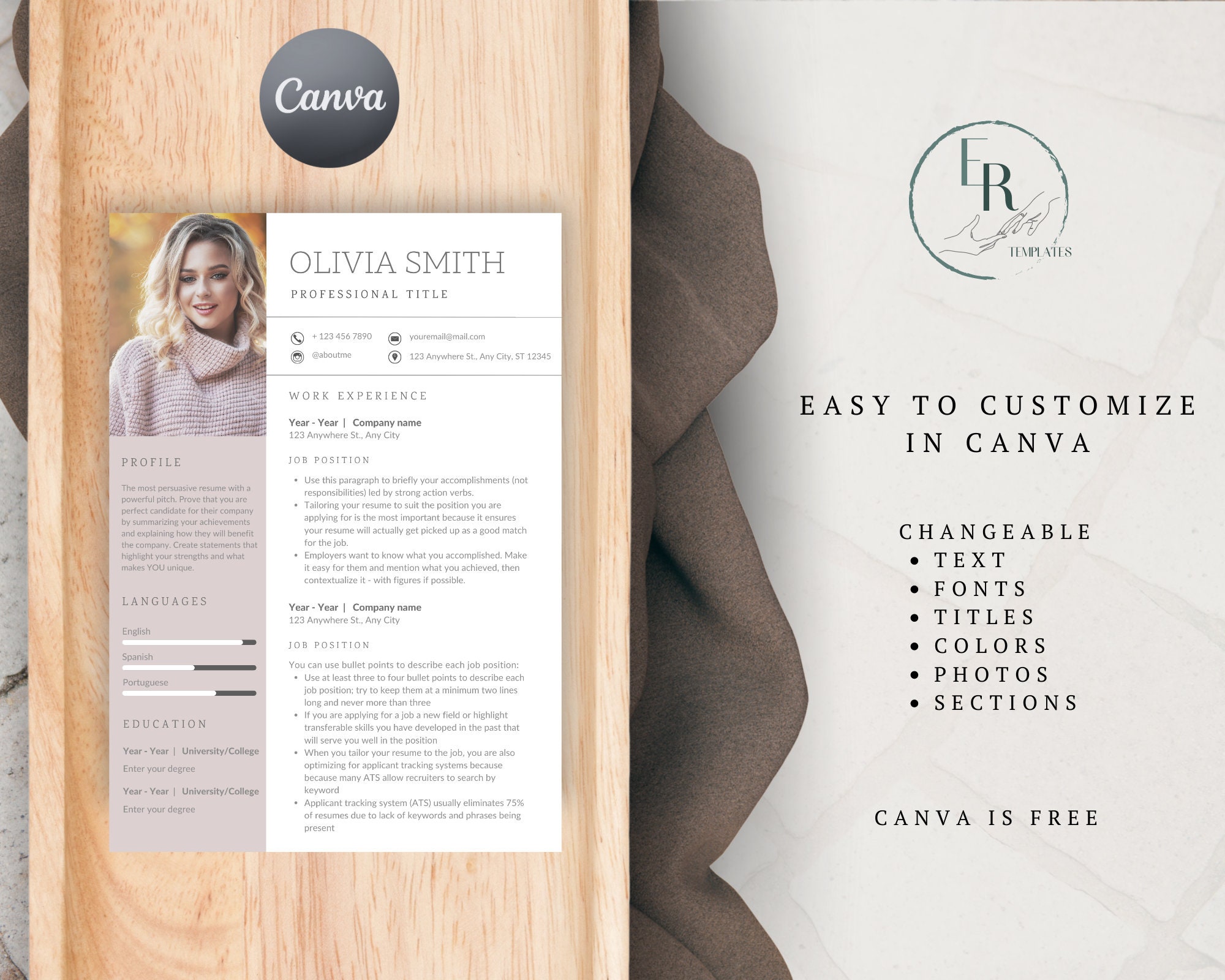 Professional Resume Template With Photo, Editable With Canva, CV ...