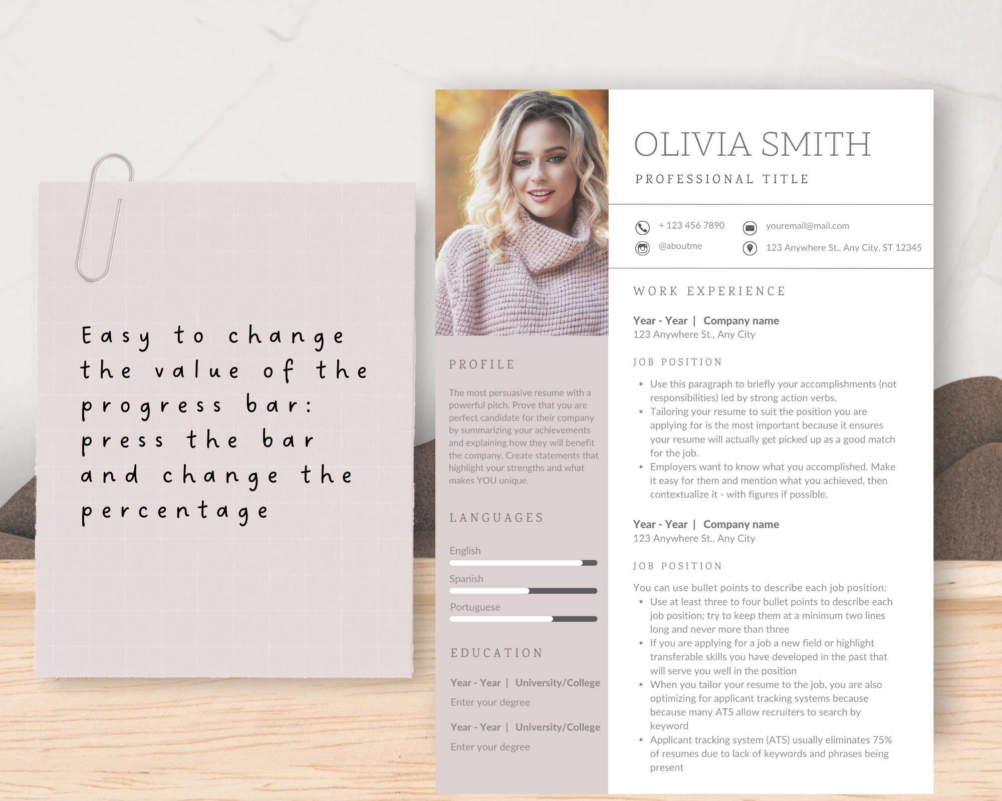 Professional Resume Template With Photo, Editable With Canva, CV ...