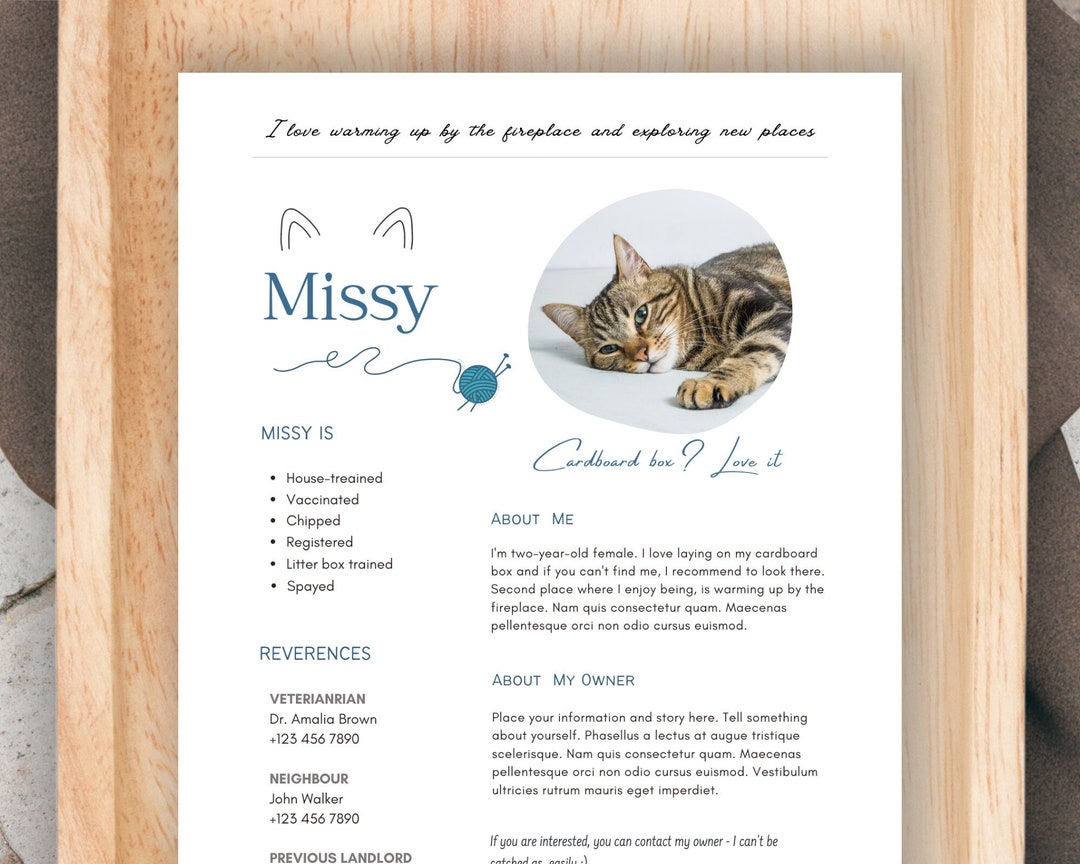 Resume Template With Photo for Cat, Minimalist Cat Resume Rental ...