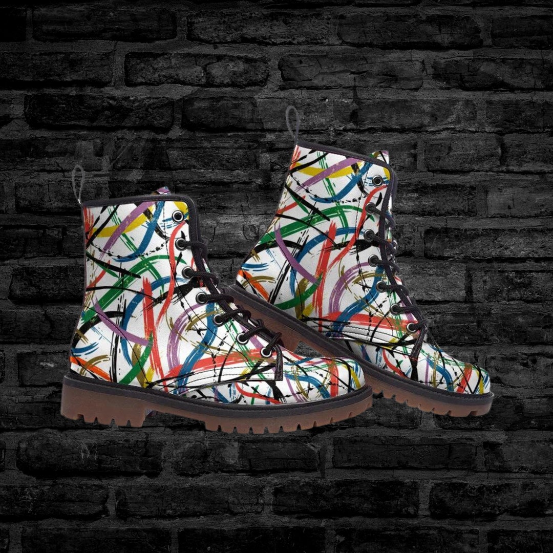 Scribble Art Vegan Leather Boots Trendy Lace up Combat Boots - Etsy
