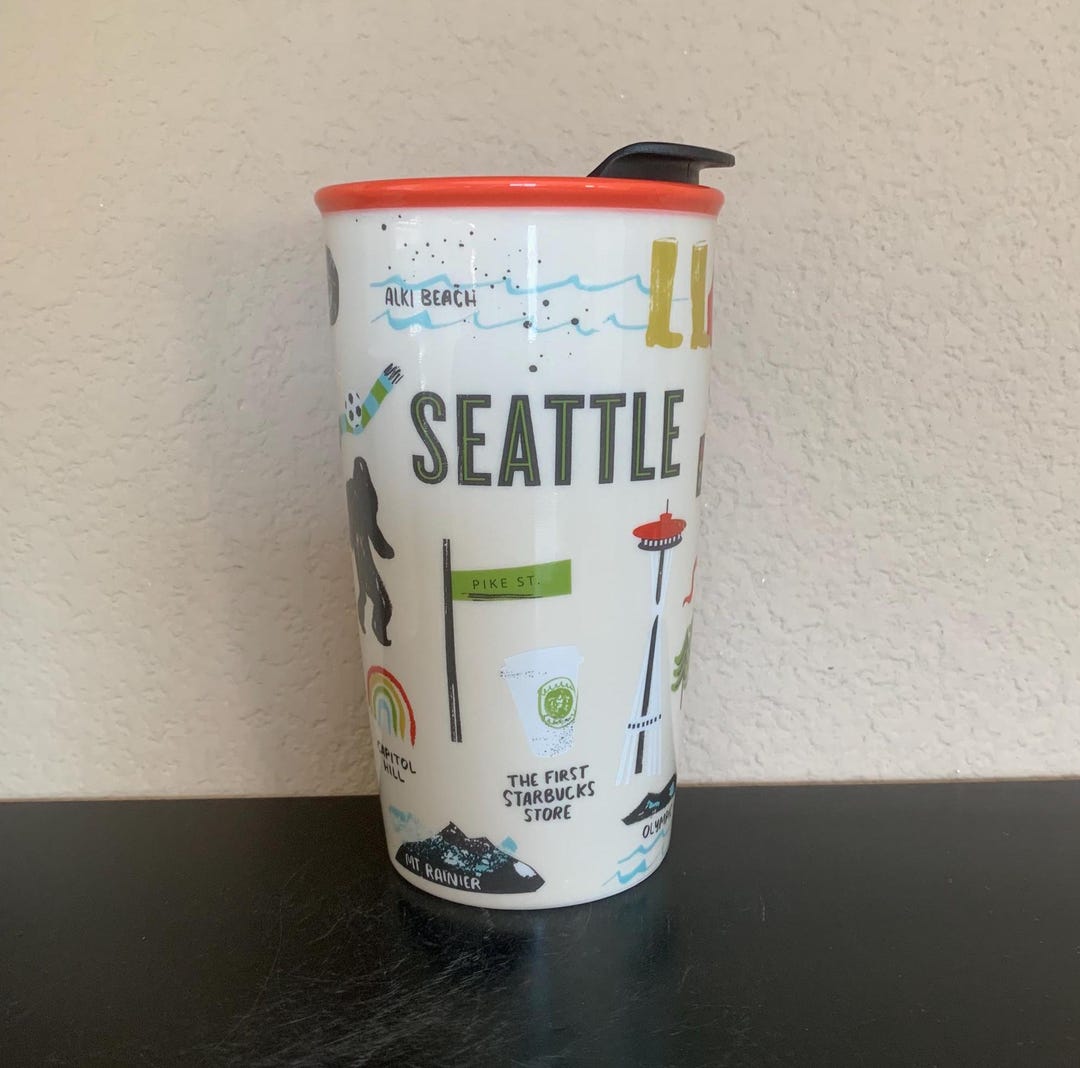 STARBUCKS TRAVEL Coffee Mug SEATTLE With Black Plastic Lid 12 Oz ...