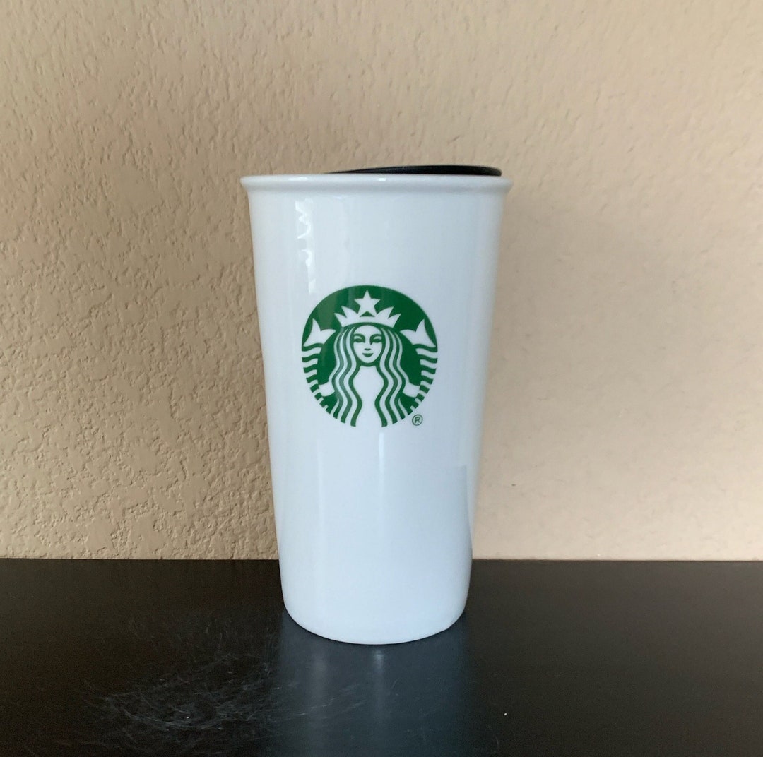 STARBUCKS TRAVEL MUG White With Green Mermaid Logo 10 Oz. With Black ...