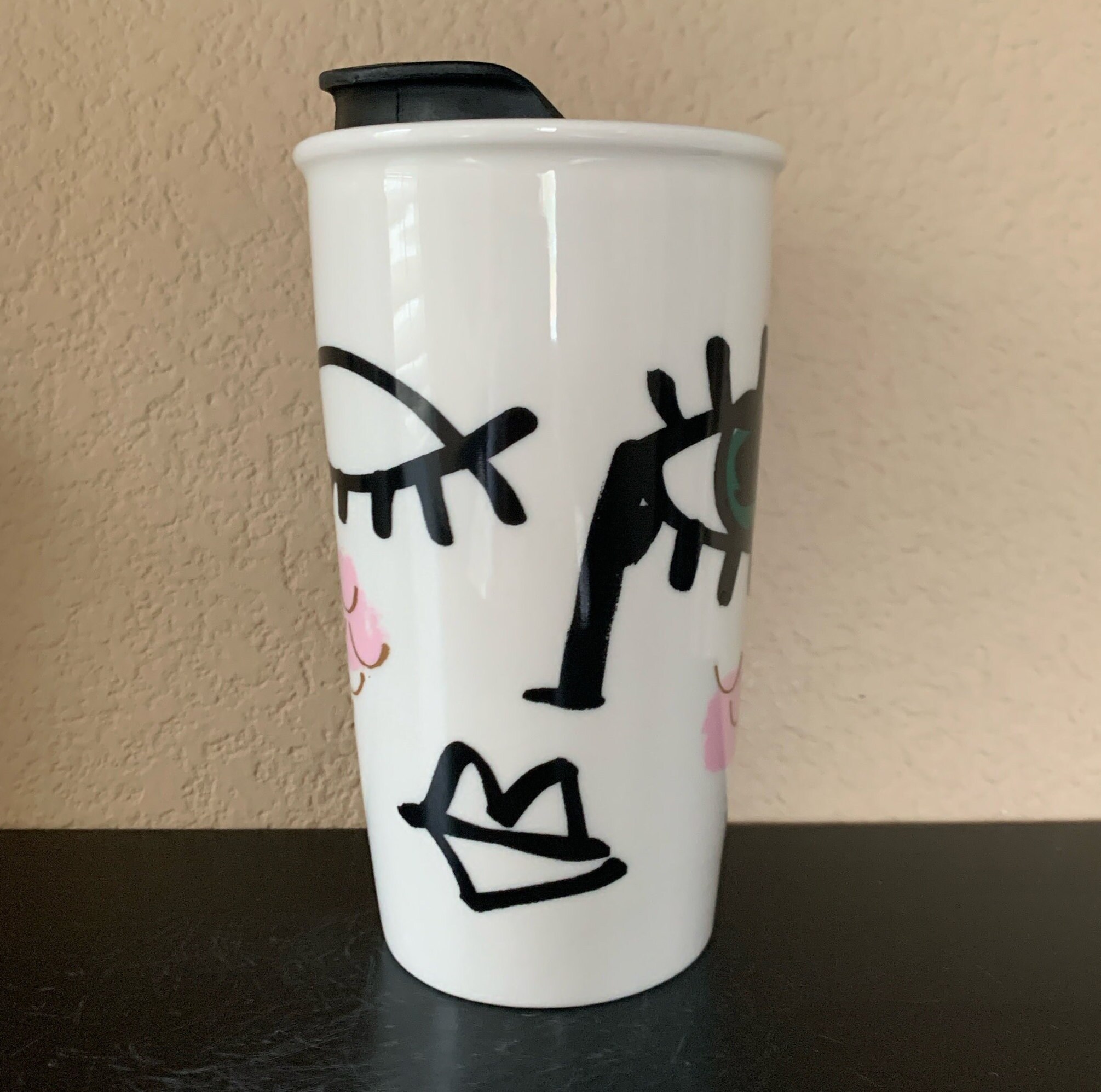 STARBUCKS TRAVEL MUG Pink Winking Eye Siren Face Dot Art Ceramic Coffee ...