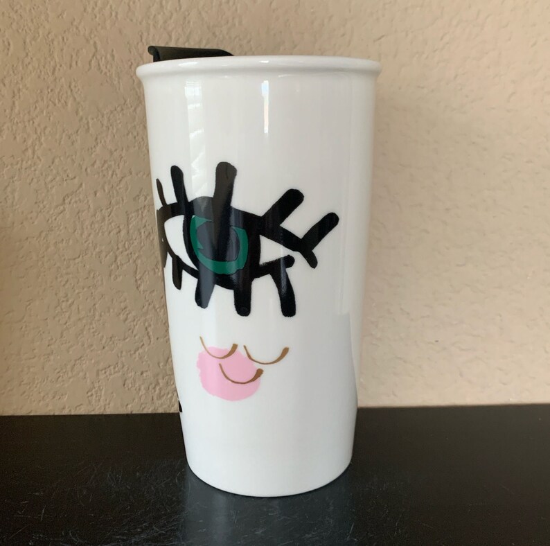 STARBUCKS TRAVEL MUG Pink Winking Eye Siren Face Dot Art Ceramic Coffee ...