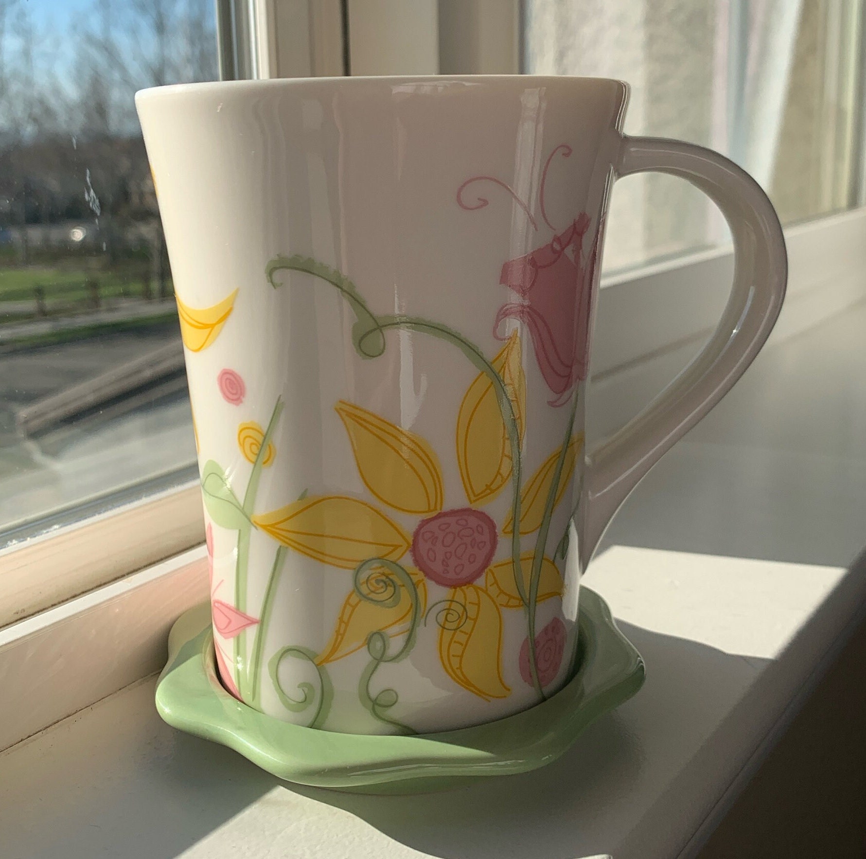Starbucks Spring Floral Coffee Mug Tea Cup With Green Ceramic Coaster 13 Oz Preowned Etsy