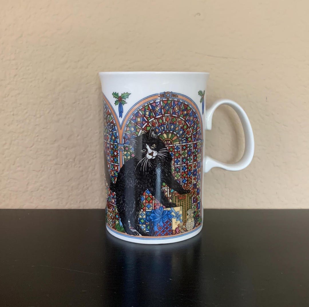 DUNOON Stoneware 1992 Christmas Cat Stained Glass Coffee Mug / Tea Cup ...