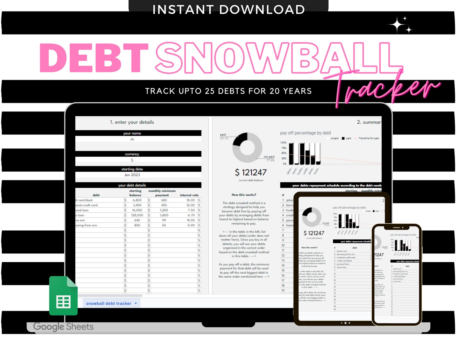 Debt Payoff Tracker, Snowball Template Spreadsheet, Digital Snowball ...