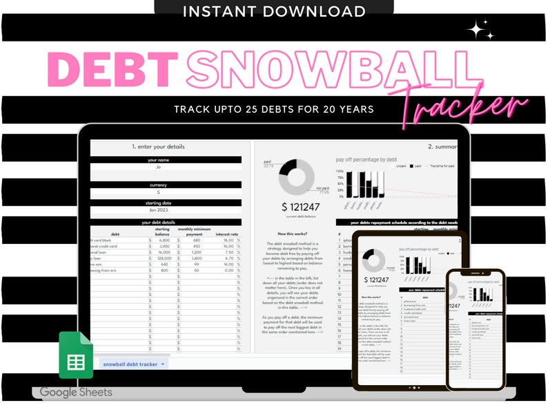Debt Payoff Tracker, Snowball Template Spreadsheet, Digital Snowball ...