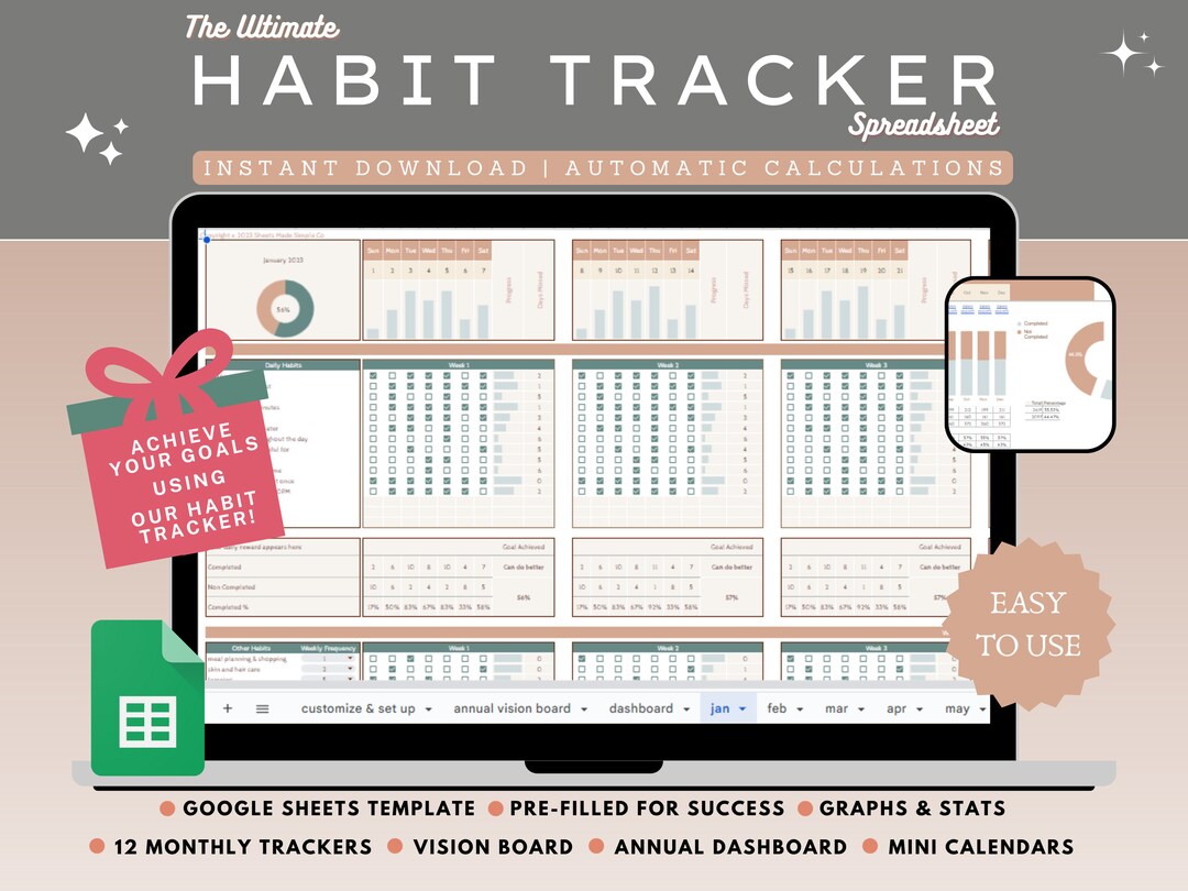 Excel Habit Tracker Spreadsheet Vision Board Kit Smart Goal Daily ...