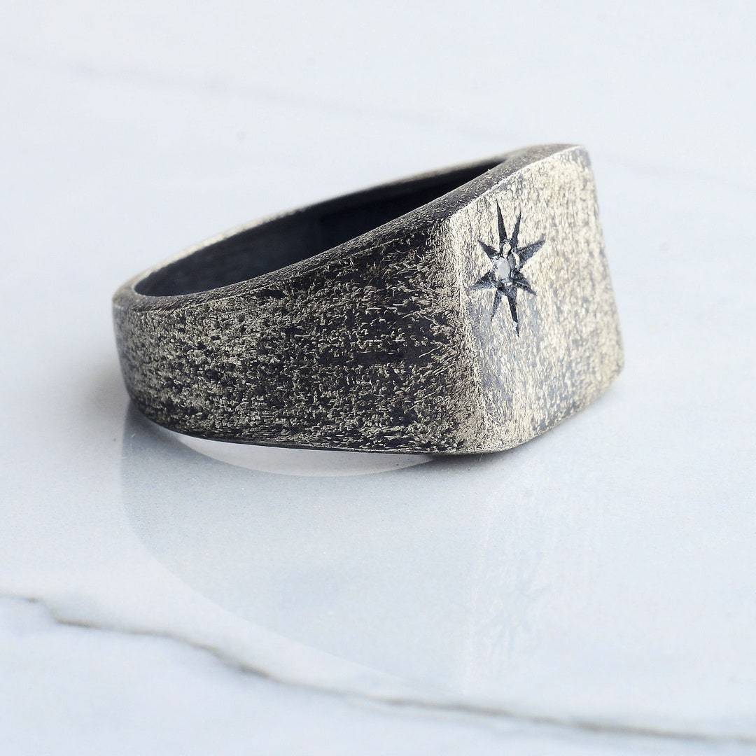 Sterling Silver Stone Man Ring, Compass Ring, Engraved North Star Mens ...