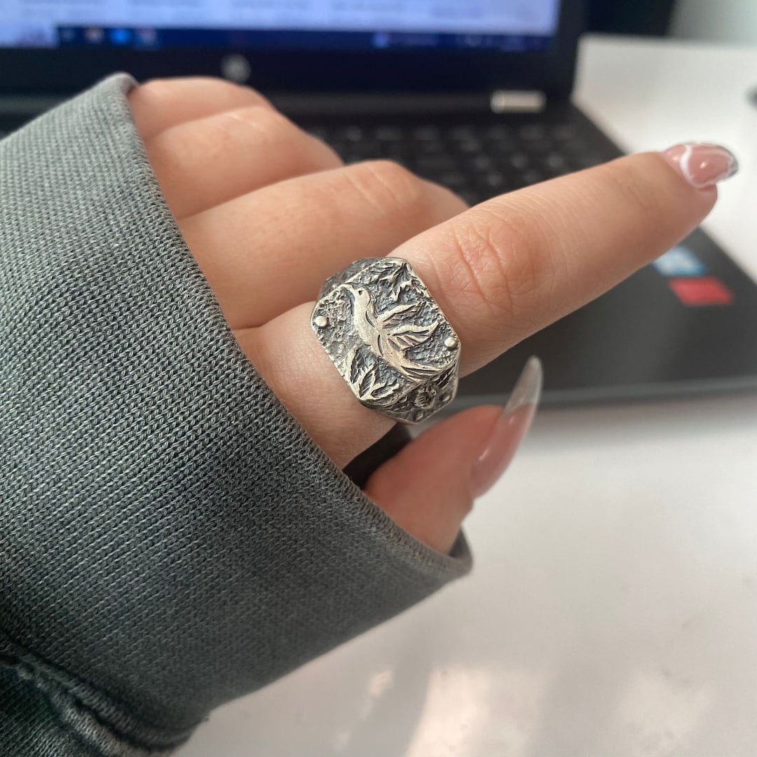 925k Silver Patterned Dove Relief Men Ring, Stackable Pigeon Ring ...