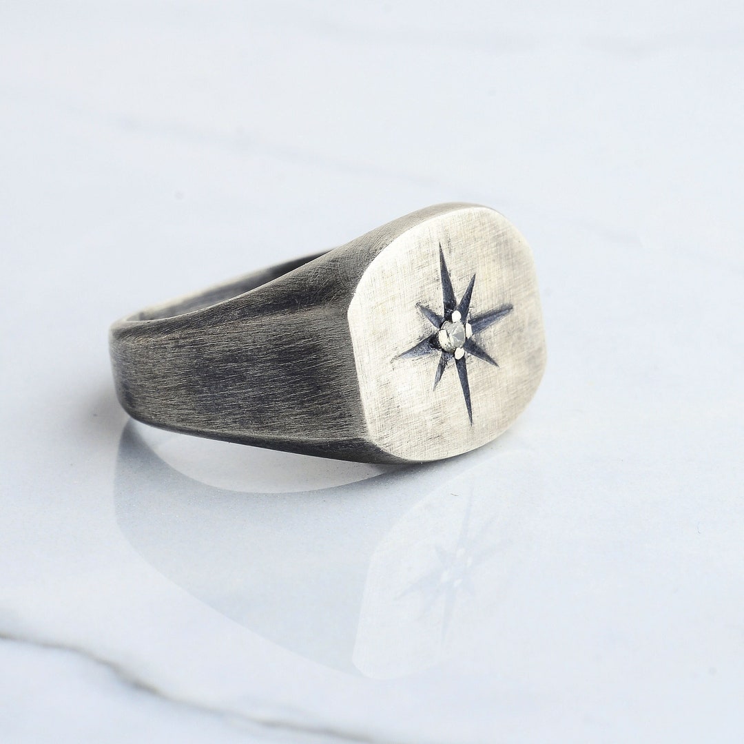 Sterling Silver Compass Ring: Pole Star Signet Biker Ring - Etsy