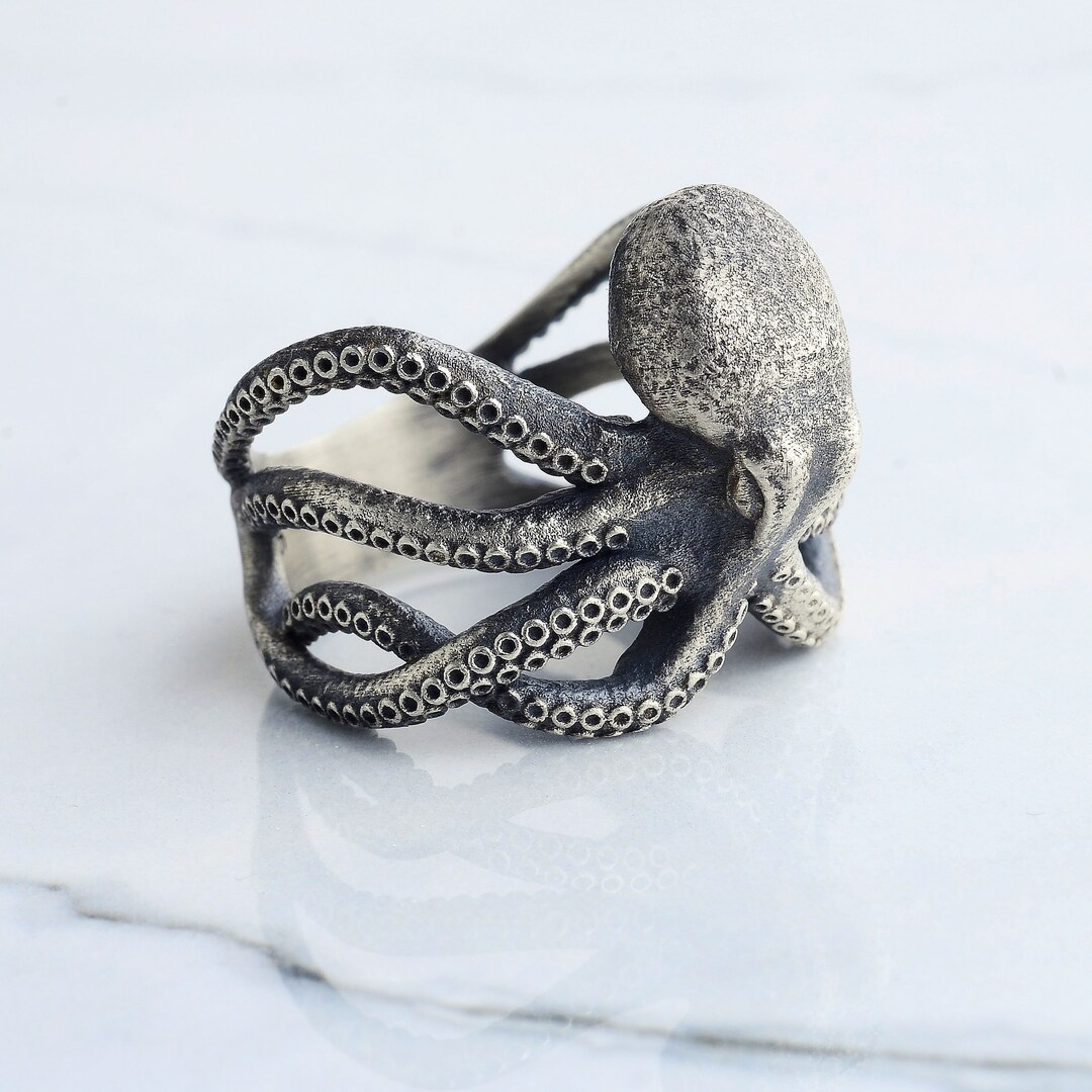 3D Octopus Head Silver Men Ring, Sea Animal Jewelry, Silver Octopus ...