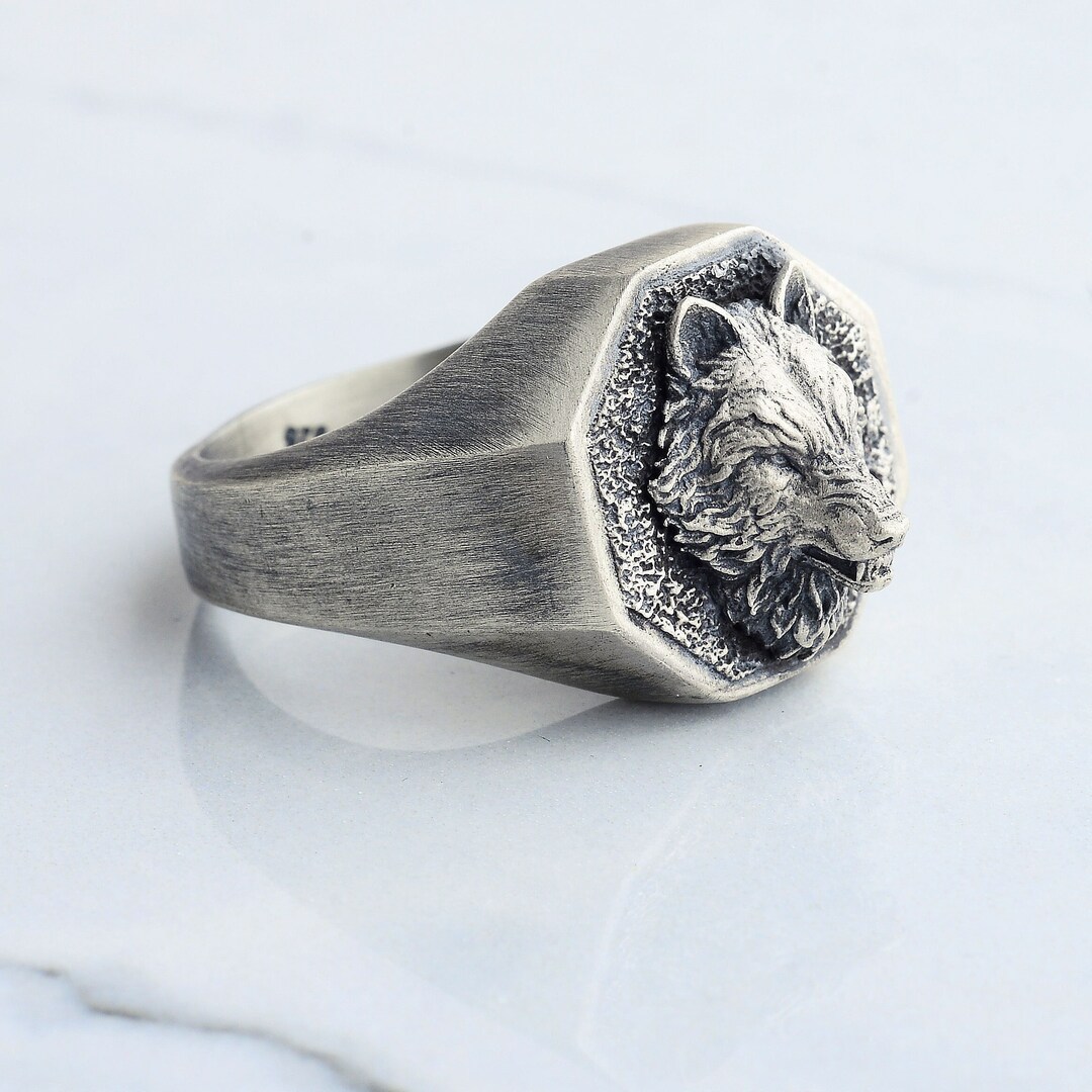 Sterling Silver Wolf Signet Man Ring, Stackable Wolf Relief Ring ...