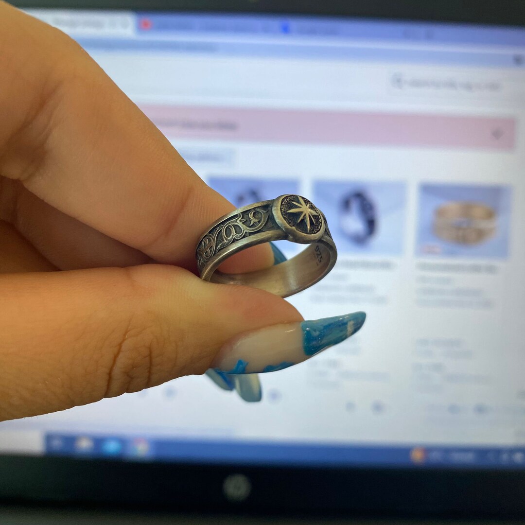 Sterling Silver North Star Ring: Gothic Compass Band, Lily Motifs - Etsy