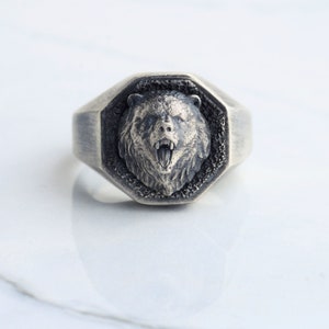 Viking Bear Boho Man Ring, Sterling Silver Bear Head Ring, Roaring Bear ...