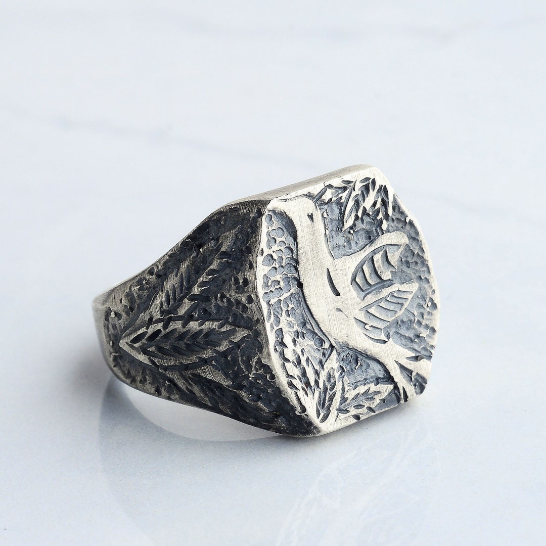 Silver Pigeon Patterned Man Ring, Scandinavian Bird Ring, Stackable ...