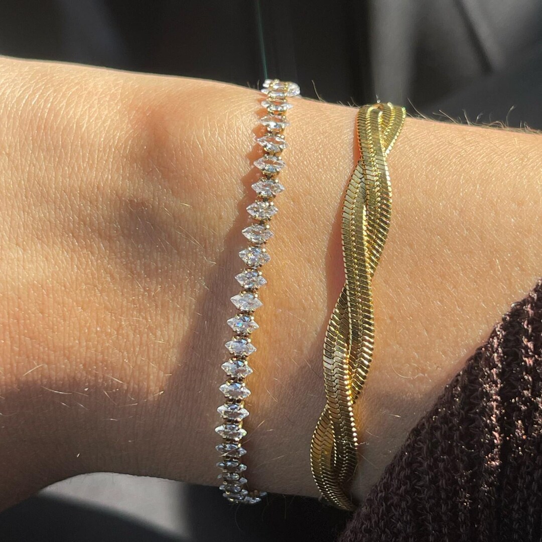 18k Gold Chain Bracelet, Braided Snake Chain, Oval Diamond Chain ...