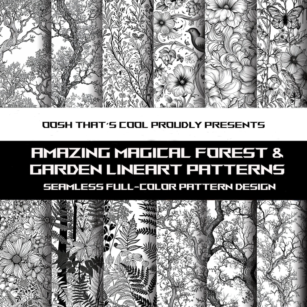 Magical Forest & Garden Line Art Patterns| Seamless Designs | 12 Great Patterns | Instant ...