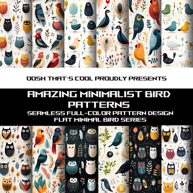 Minimalist Cartoon Birds| Seamless Designs | 12 Colorful Patterns ...