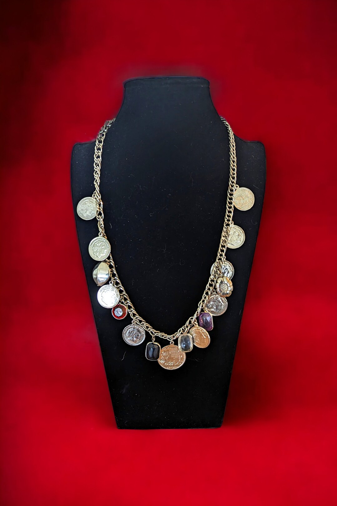 24 Vintage Silver Tone Dangling Coins and Faux Gems Necklace - Etsy