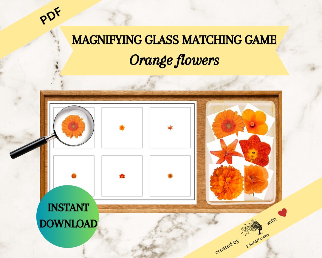 MAGNIFYING GLASS Matching Game - Orange Flowers • Printable Spring ...