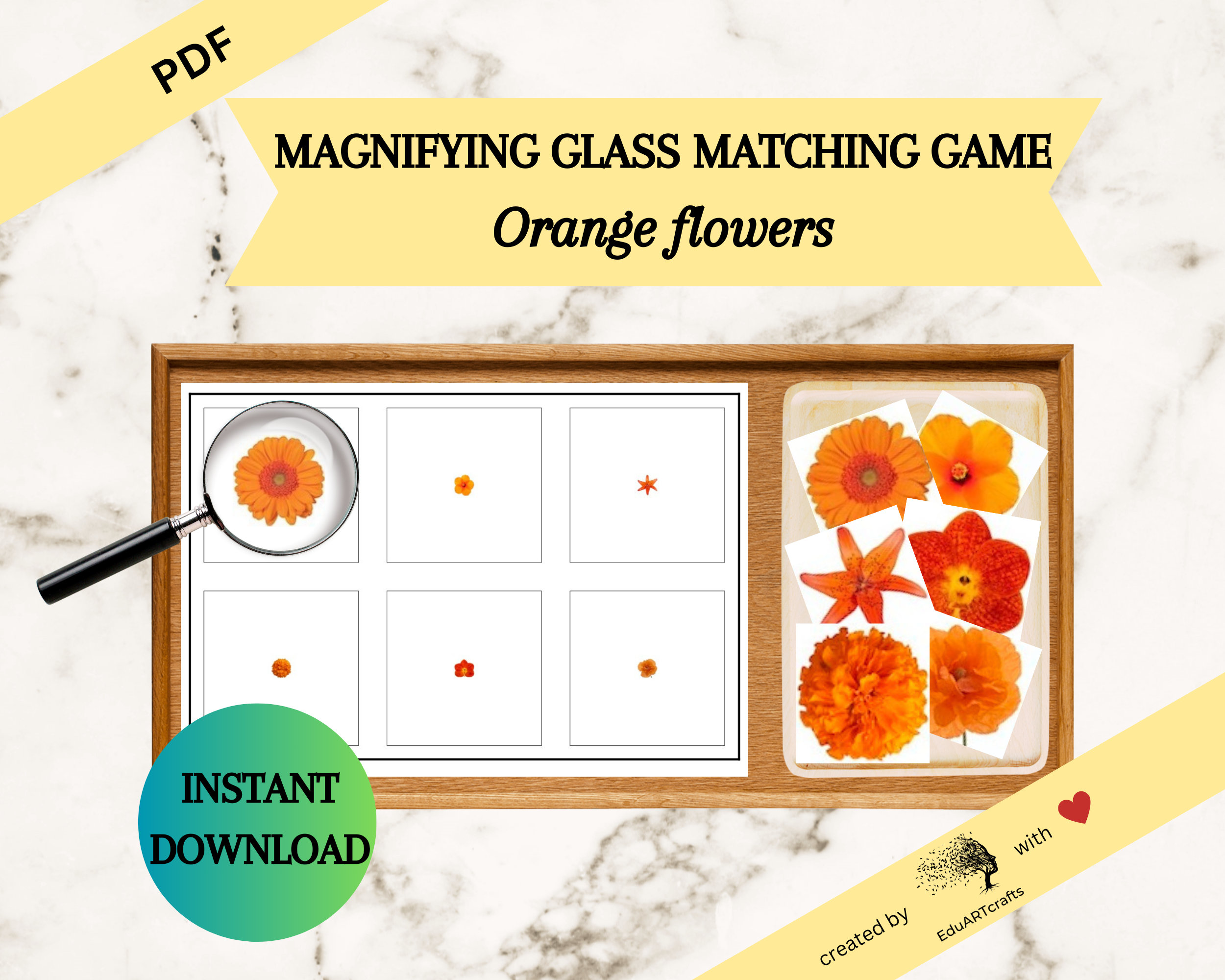 MAGNIFYING GLASS Matching Game Orange Flowers Printable Spring Activity ...