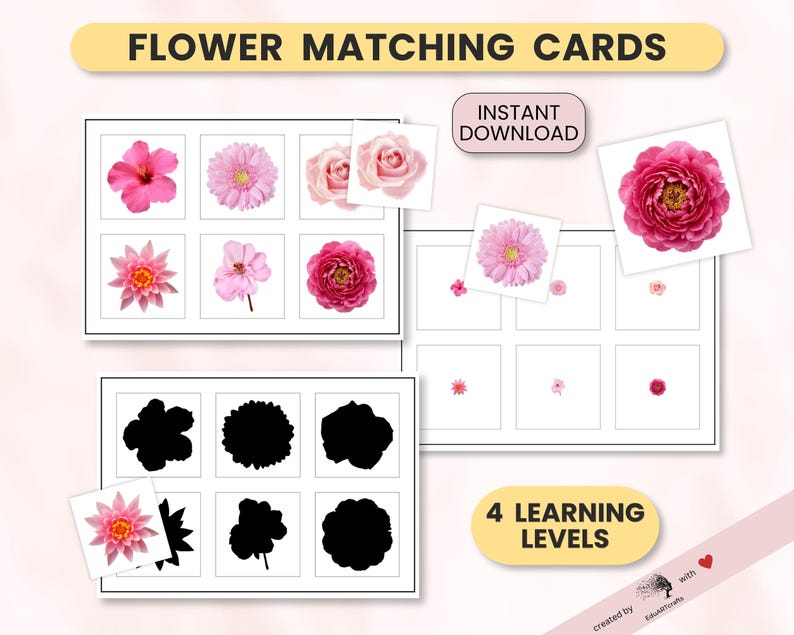 Montessori Pink Flower Matching Cards • Printable Learning Activity ...