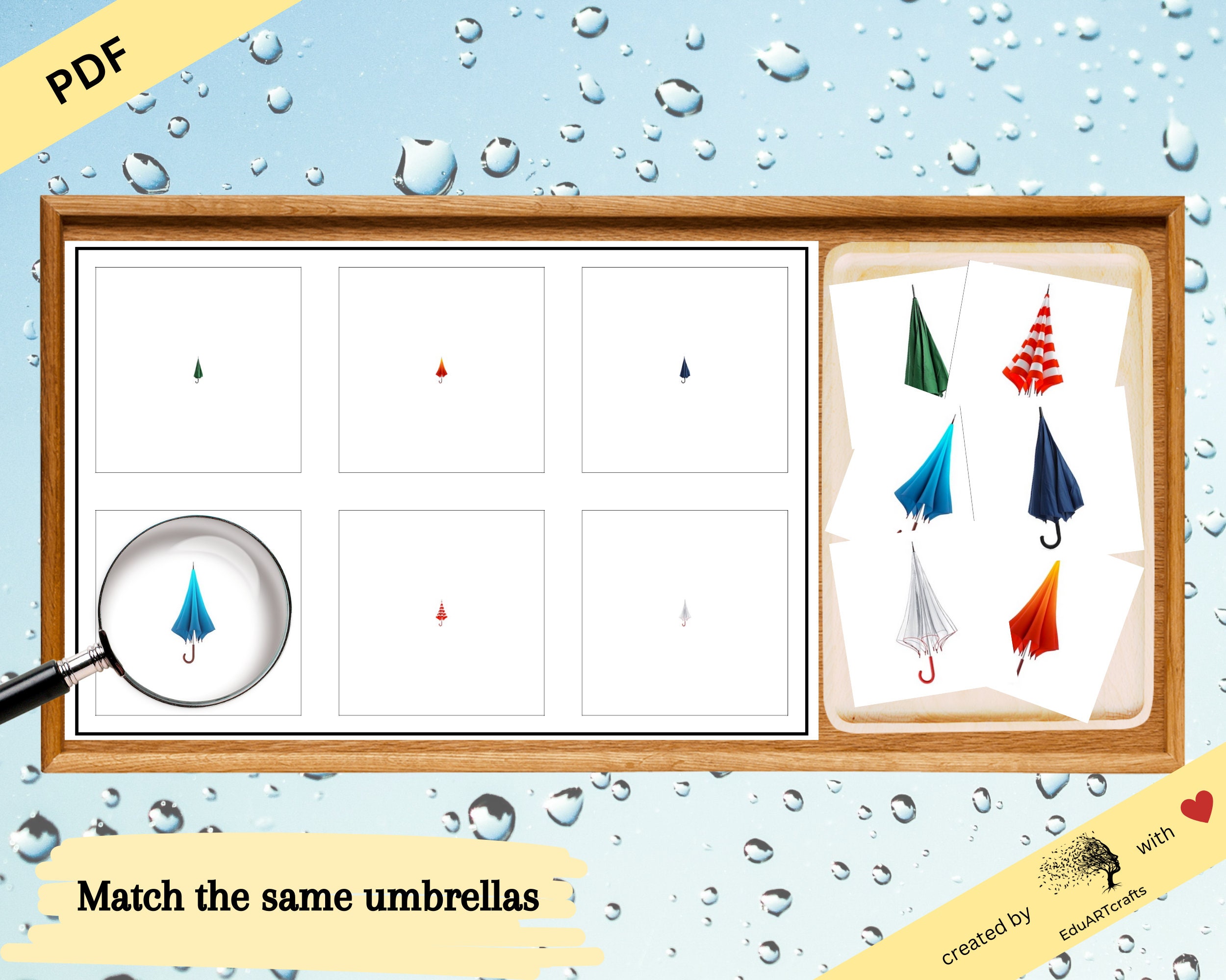 MATCHING GAME Using Magnifying Glass - Umbrellas • Printable Activity ...