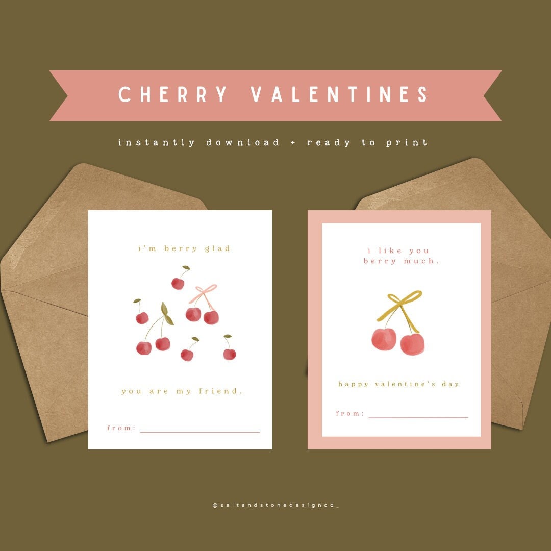 Cherry Valentine's Day Cards Printable Kids Berry Valentine Cards Instant Download Valentines ...