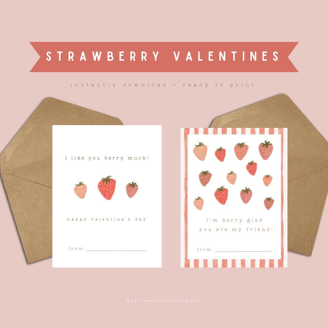 Kids Valentine's Day Cards Printable Berry Strawberry Valentine Cards ...