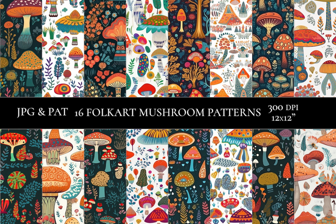 Folk Art Style Mushrooms Patterns Set of 16 Seamless Digital Paper for ...