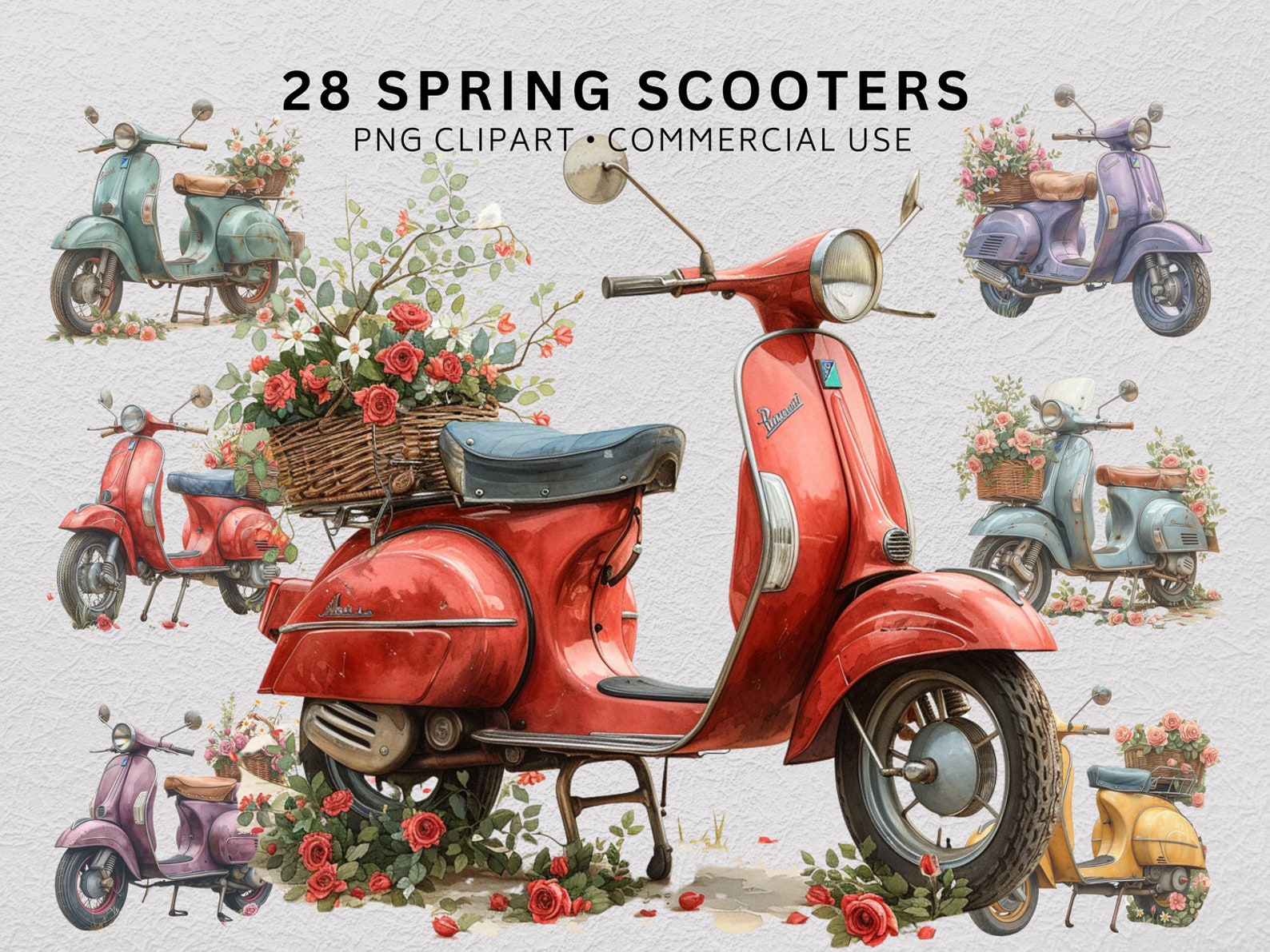 Watercolour Spring Scooter Clipart, Scooter Clipart, Cozy Cottagecore ...
