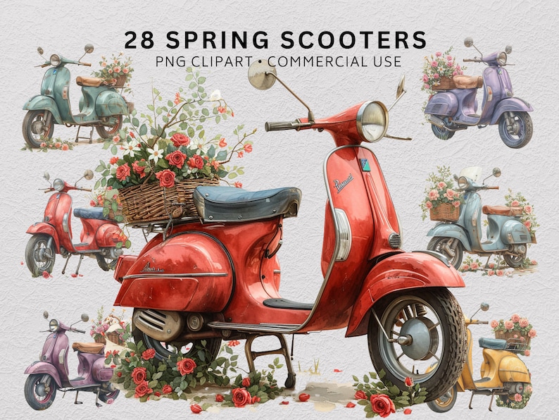 Watercolour Spring Scooter Clipart, Scooter Clipart, Cozy Cottagecore ...
