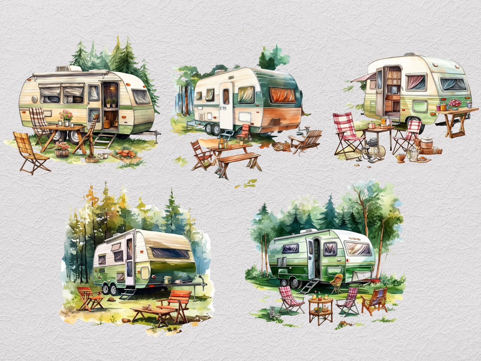 24 Camping Caravan Clipart Bundle, Watercolour Retro Camper PNG ...