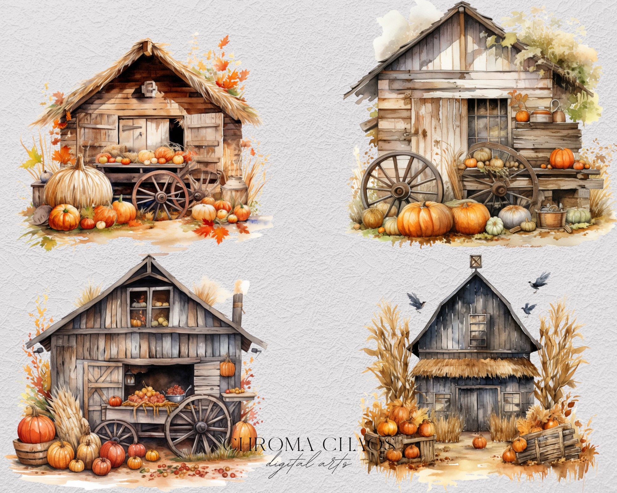 37 Watercolor Autumn Barns Clipart PNG Sublimation Bundle, Transparent ...