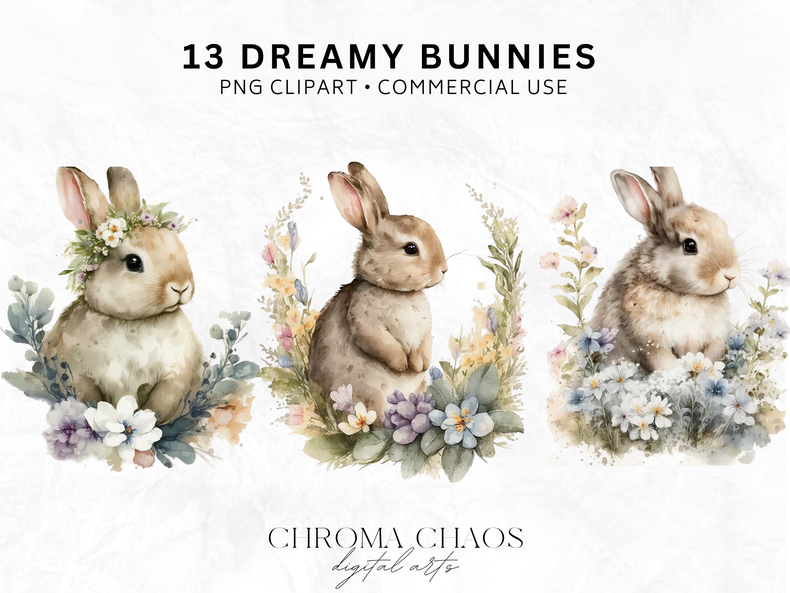 Watercolor Cute Bunny With Flowers Clipart Pack, Clipart for Commercial ...