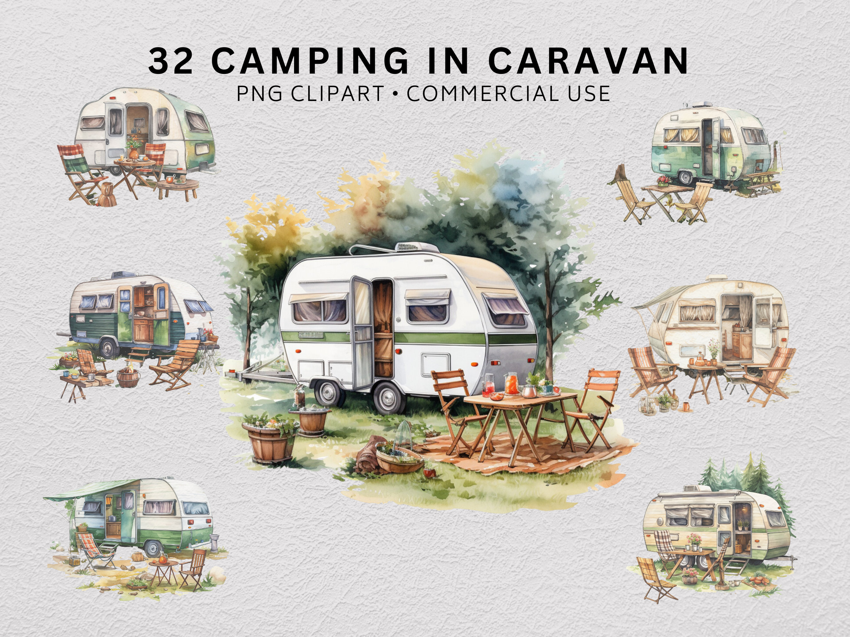 24 Camping Caravan Clipart Bundle, Watercolour Retro Camper PNG ...