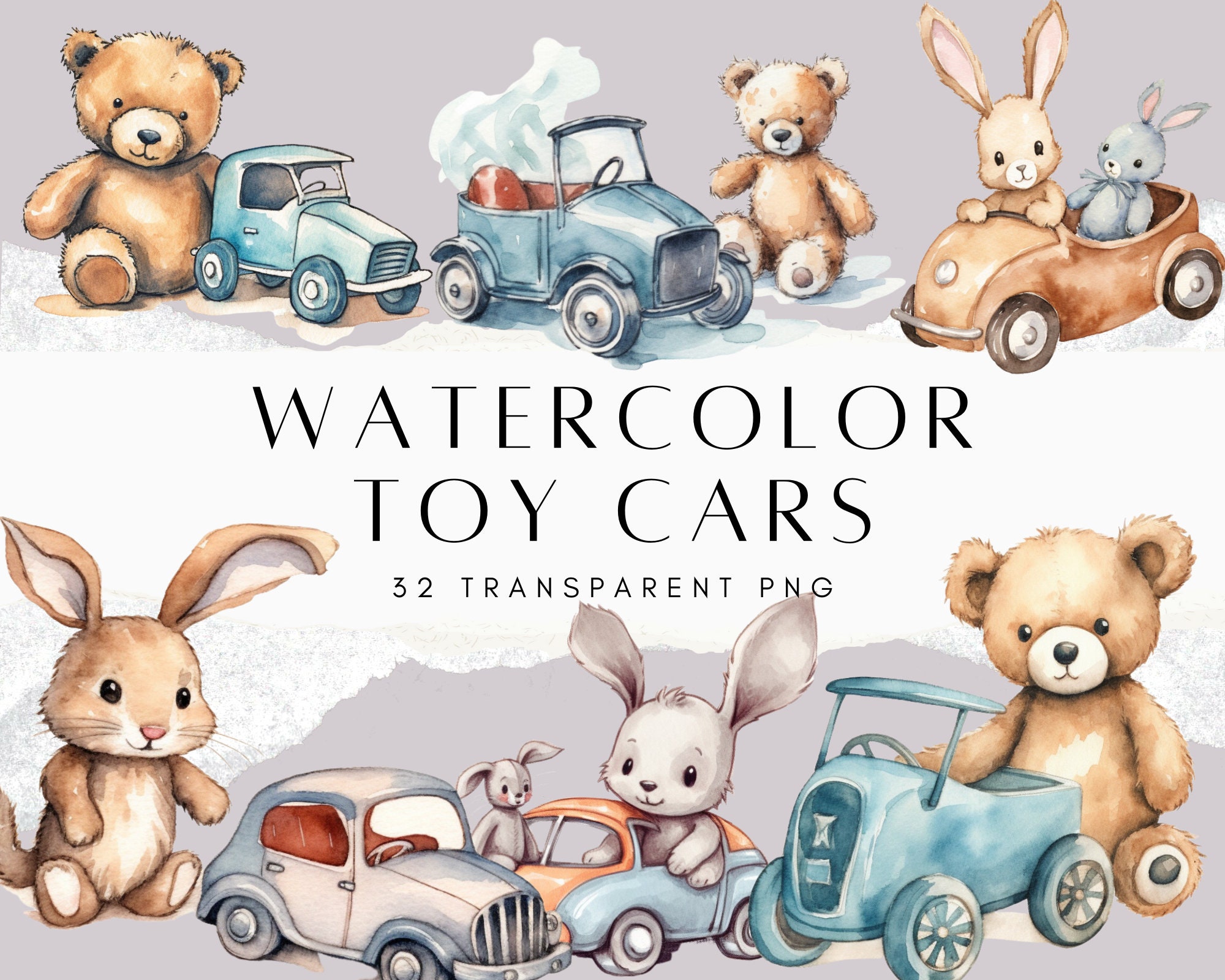 Watercolor Toy Cars Clipart, Vintage Racers Clipart, Vintage Kids With ...