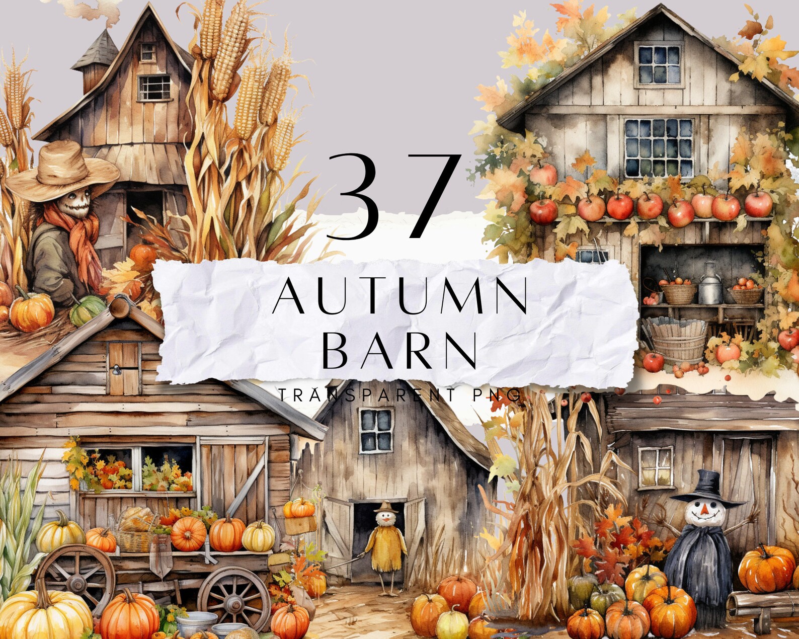37 Watercolor Autumn Barns Clipart PNG Sublimation Bundle, Transparent ...