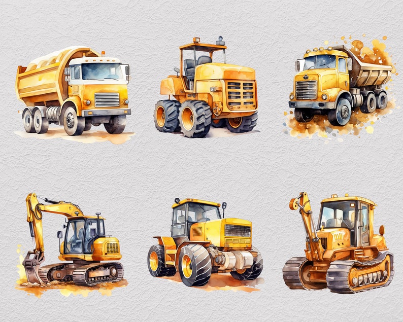 Construction Vehicles Clipart PNG Bundle, Transparent Clip Art for Kids ...