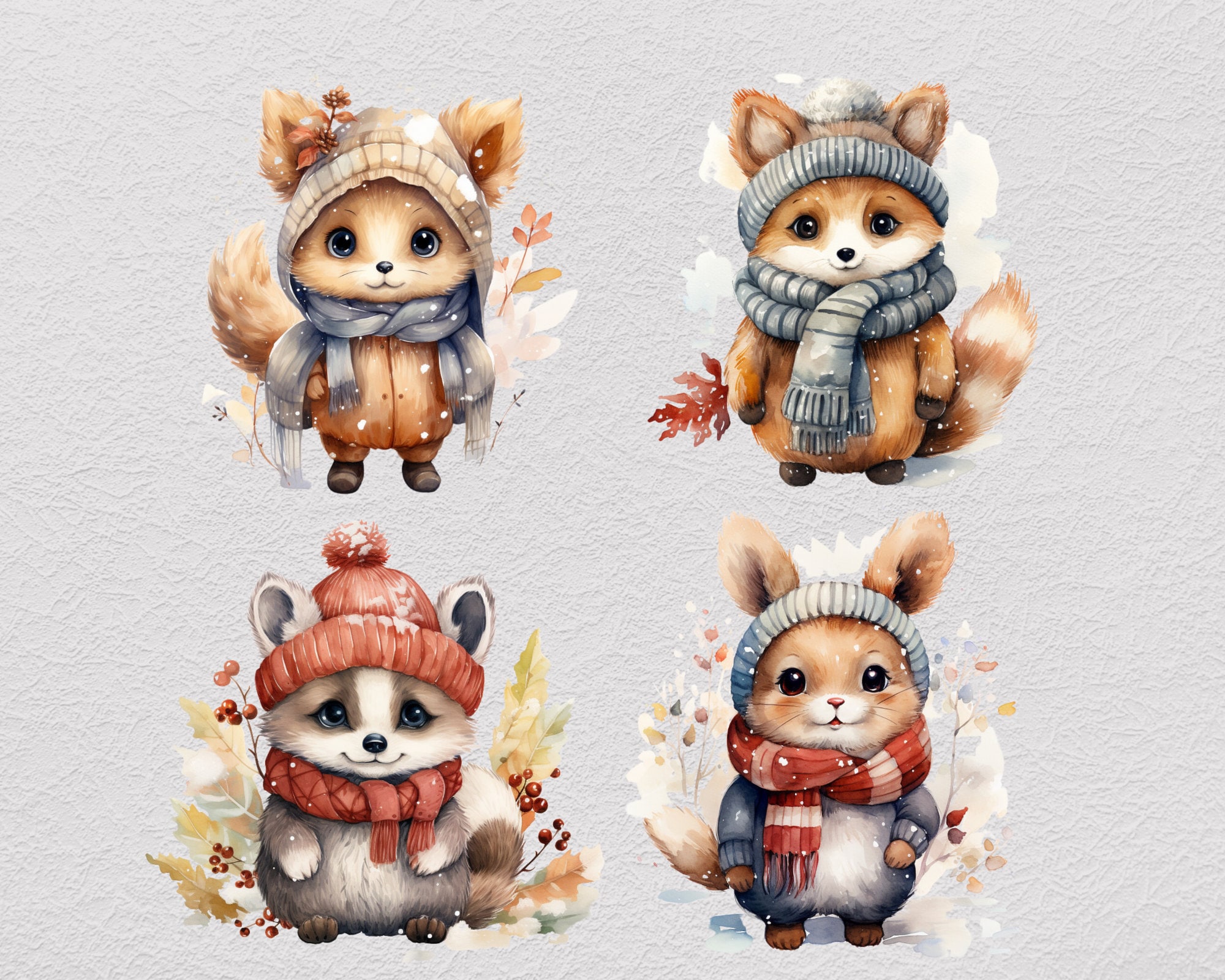 Cute Winter Animals Clipart, Cute Critters, Scarf and Beanie, Snowy ...