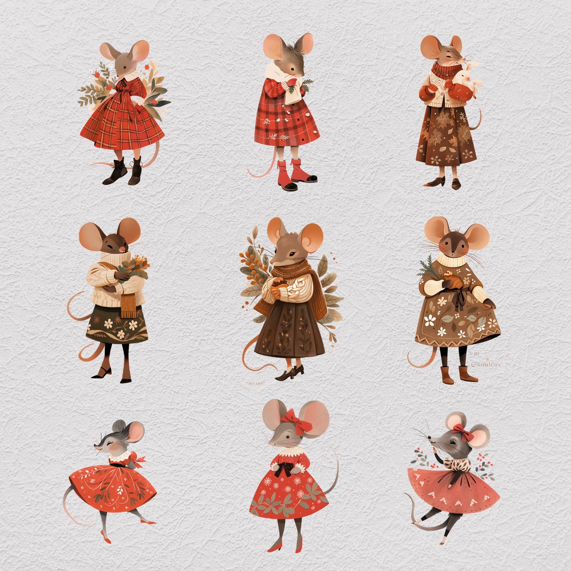 52 Vintage Winter Mice Clipart, Cute Critters, Scarf and Beanie, Winter ...