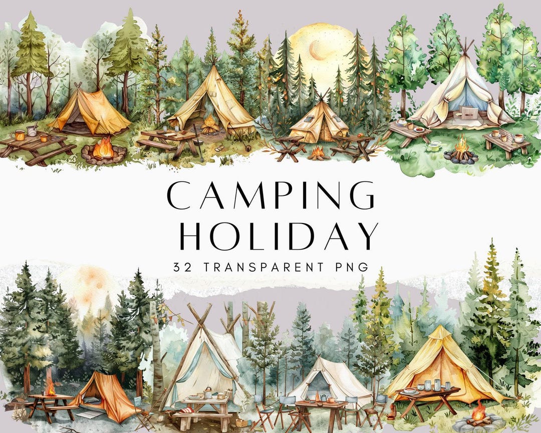 Summer Camping Holiday Clipart, Watercolour City Clipart Bundle, Around ...
