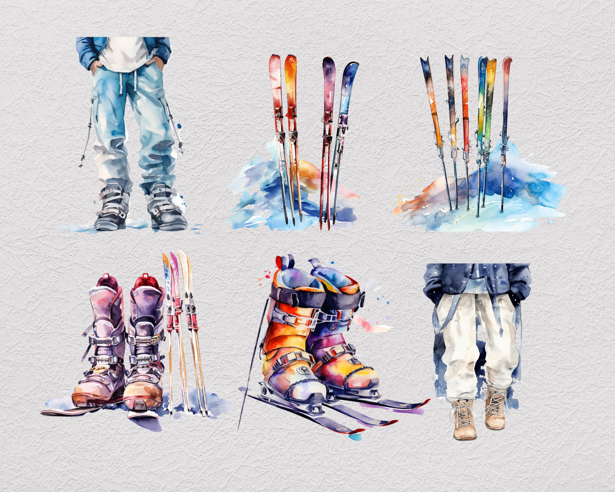 93 Watercolour Ski Outfit Clipart Bundle, Ski, Snow Boots, Jackets ...