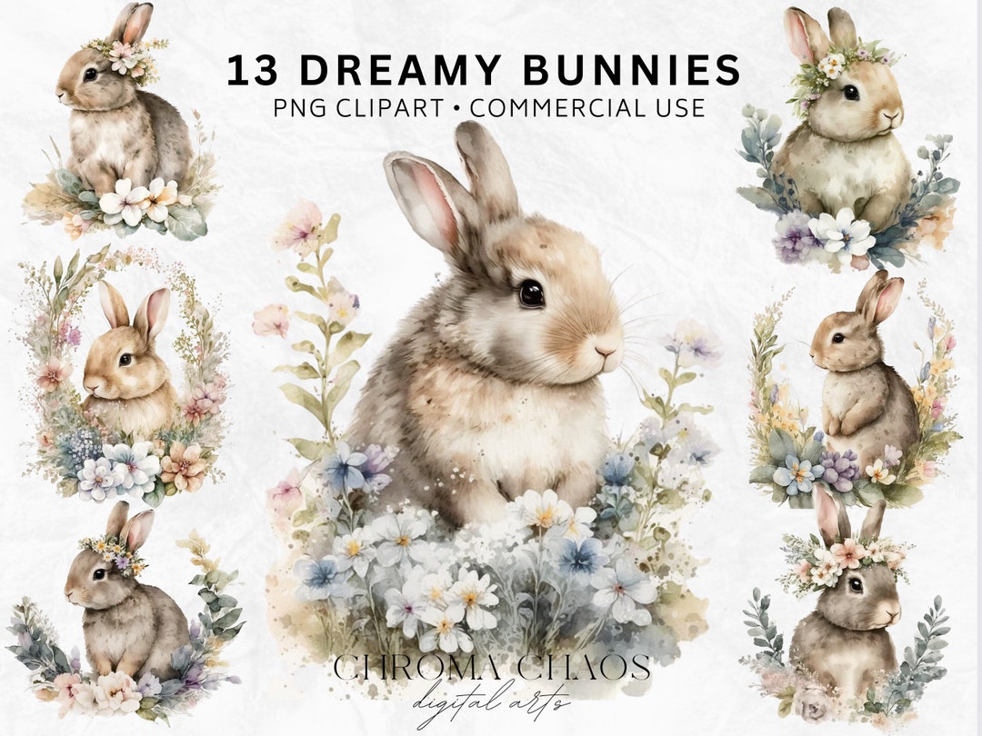 Watercolor Cute Bunny With Flowers Clipart Pack, Clipart for Commercial ...